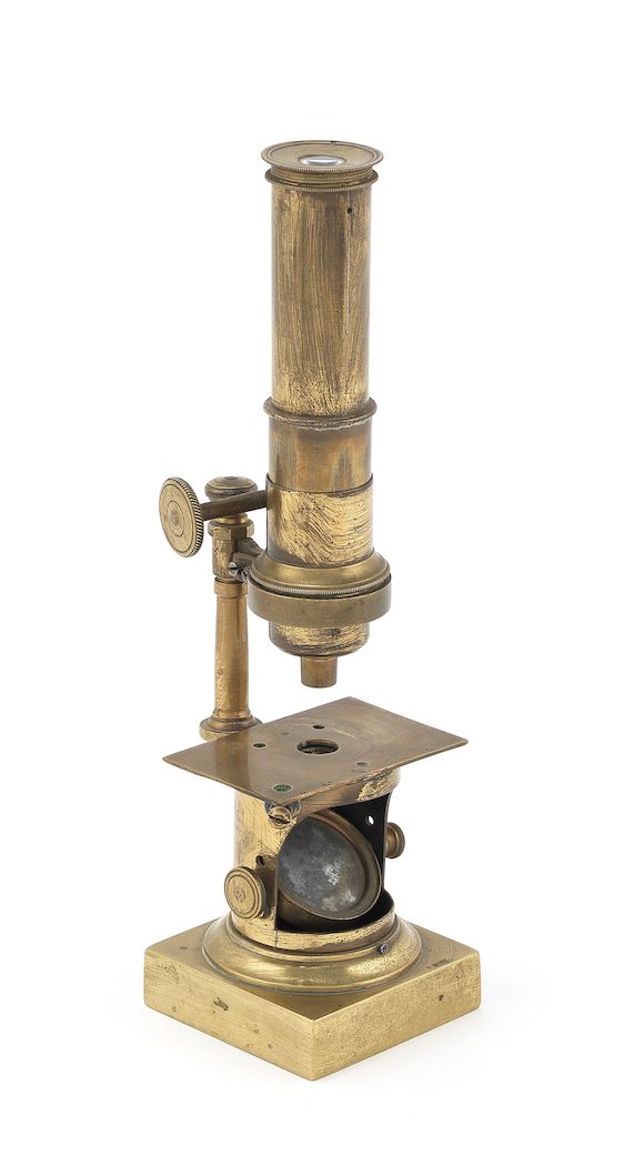 Bonhams : A brass drum compound monocular microscope, circa 1840,
