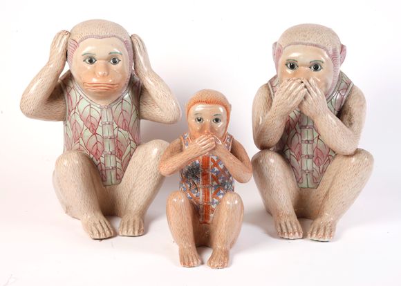 Bonhams : Three modern Asian ceramic figures of monkeys