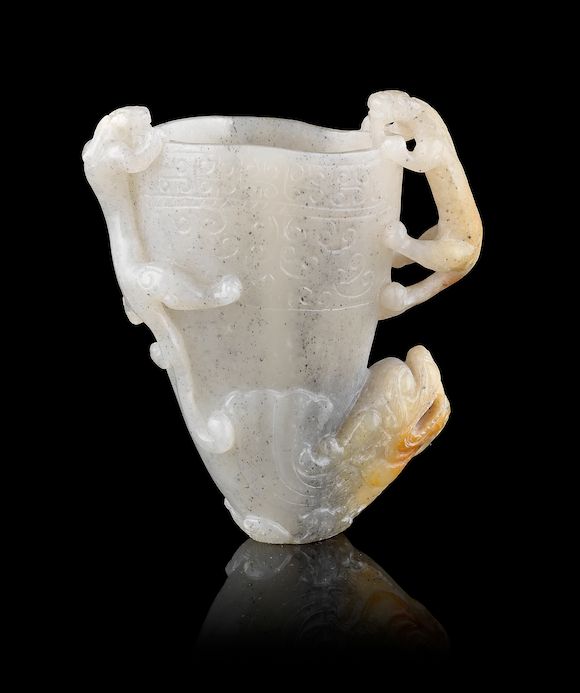Bonhams : A mottled grey and russet jade rhyton, Qing Dynasty