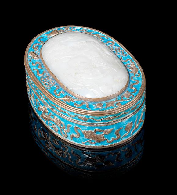 Bonhams : A jade inset enamelled metal box and cover 19th century