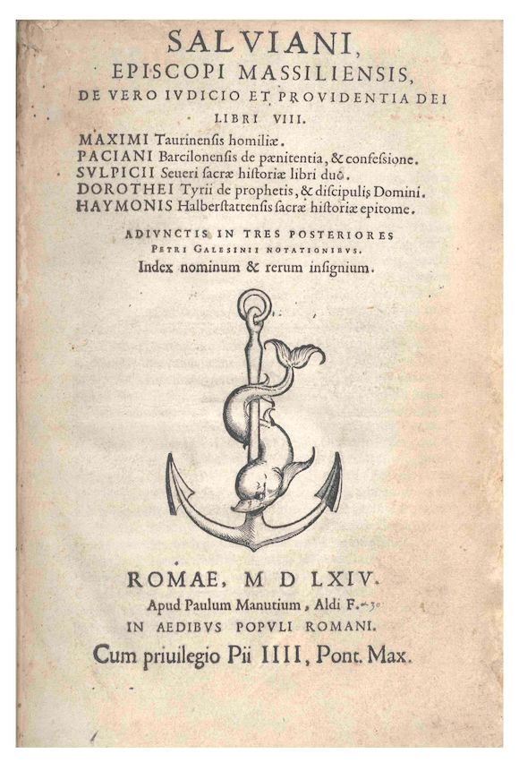 Bonhams : SALVIANUS (MASSILIENSIS) De vero iudicio et providentia dei ...