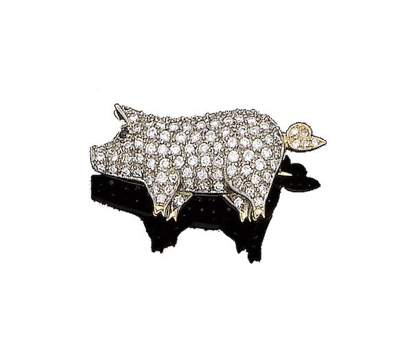Bonhams : A ruby and diamond-set pig brooch
