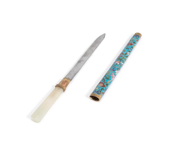 Bonhams : A pale green jade-handled knife with cloisonné enamel ...