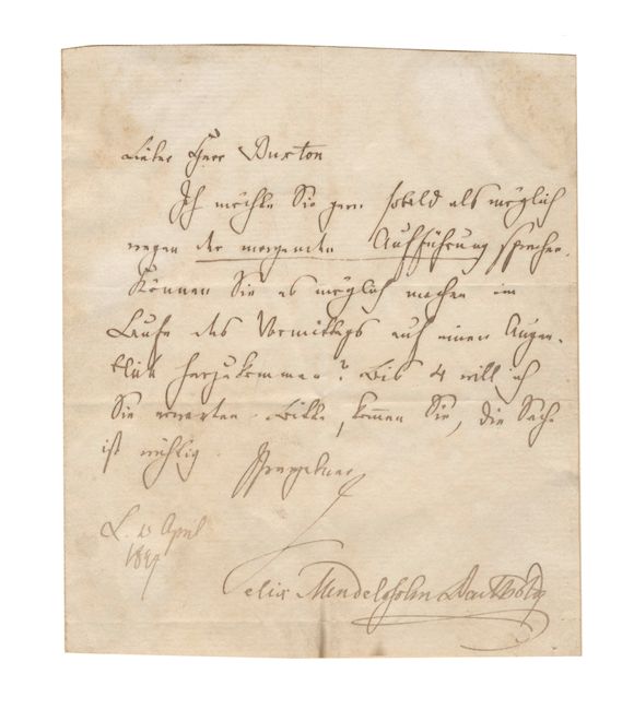 Bonhams : MENDELSSOHN (FELIX BARTHOLDY) Autograph letter signed, in ...