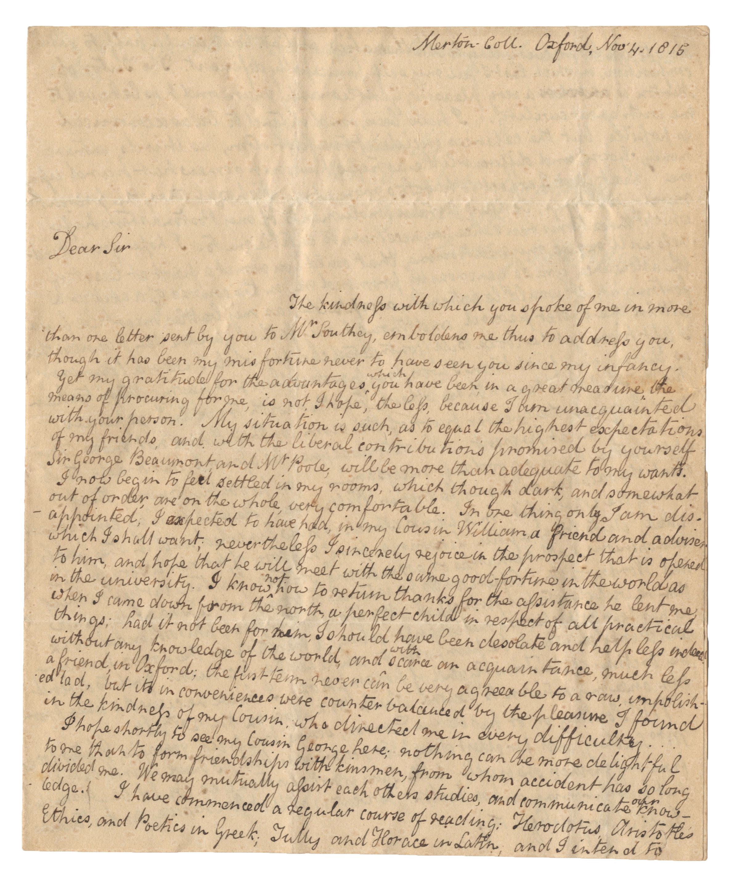 Bonhams : COLERIDGE (HARTLEY) Three autograph letters signed, to his ...