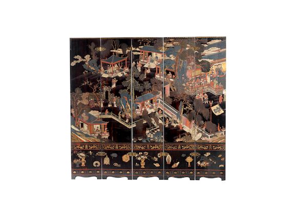 Bonhams : A large polychrome lacquer five-panel screen 19th century