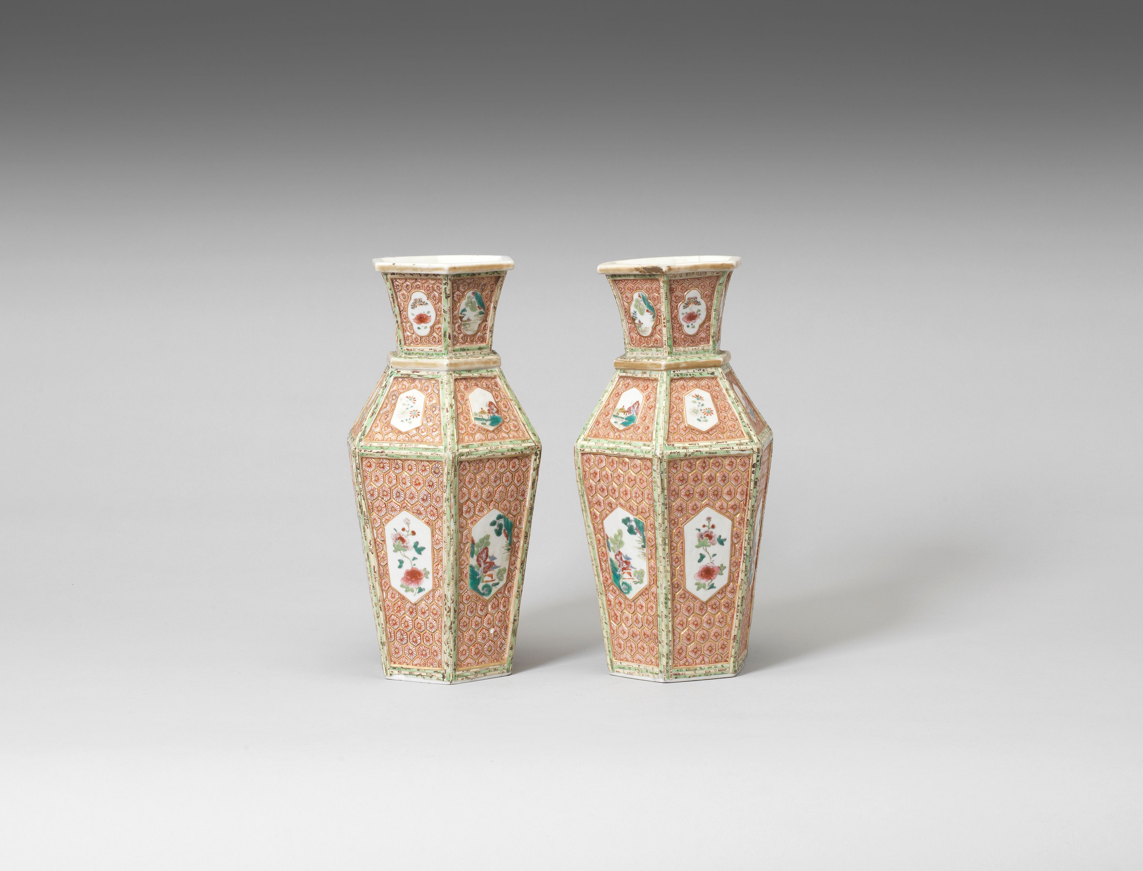 Bonhams : A pair of famille rose hexagonal baluster vases 18th century