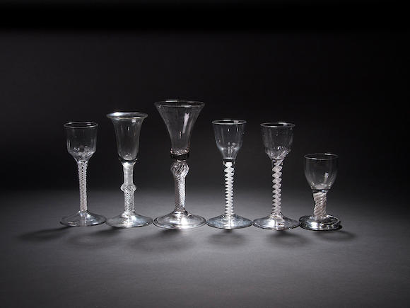 Bonhams Six Various Opaque Twist And Airtwist Wine Glasses Circa 1750 70