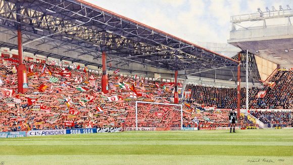 Bonhams : 1994 'Last game on the Kop' Anfield original painting Frank Green