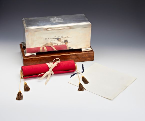 Bonhams : A silver casket and scroll presented by Bolton Council to Nat ...