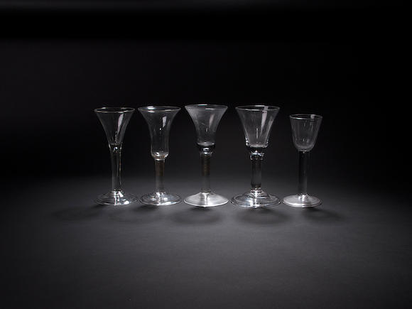 Bonhams Five Plain Stem Wine Glasses 18th Century
