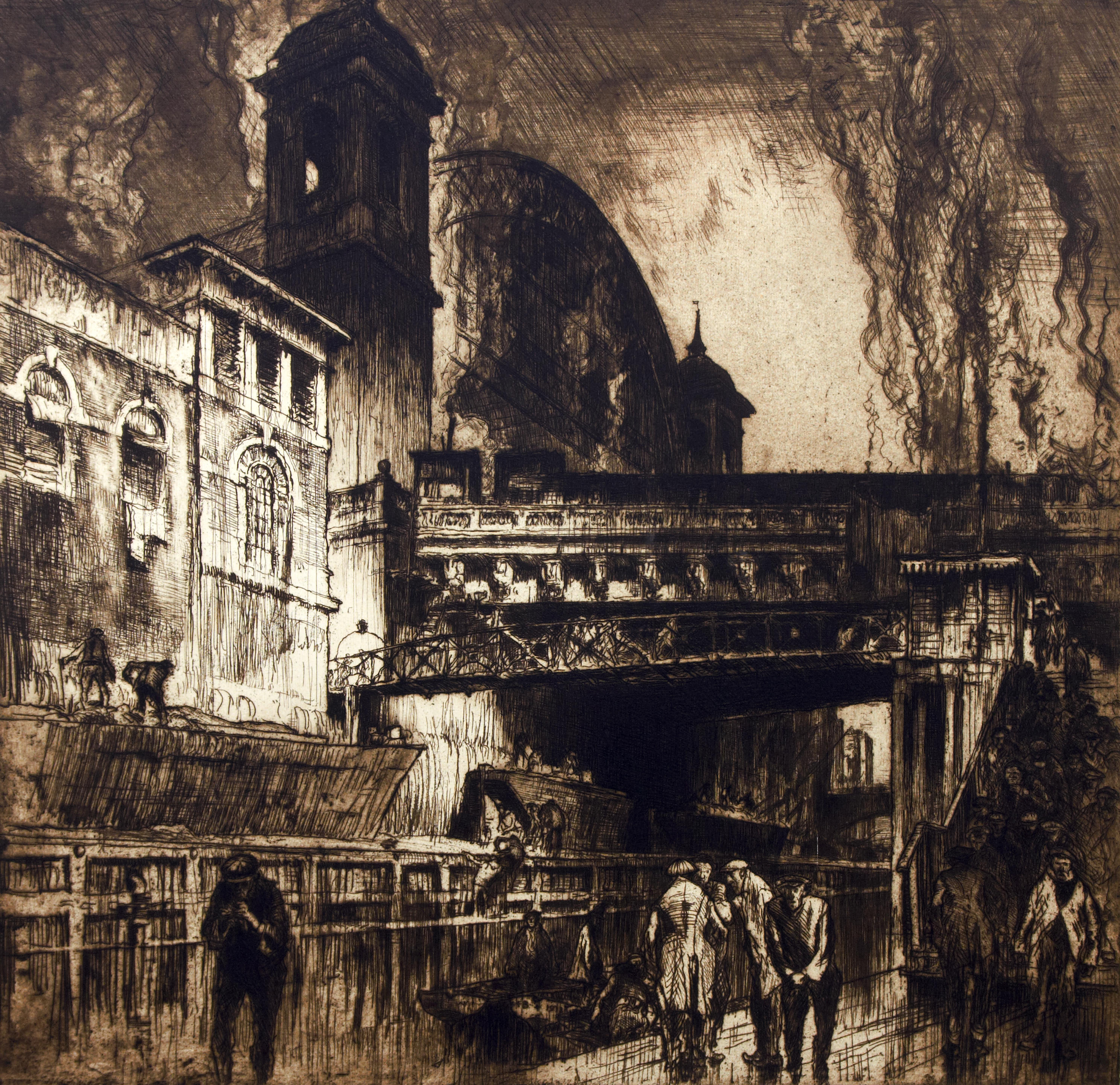 Bonhams : Sir Frank Brangwyn RA (British, 1867-1956) Figures by a bridge over a canal