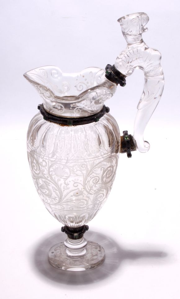 Bonhams : A continental glass ewer with silver mounts,