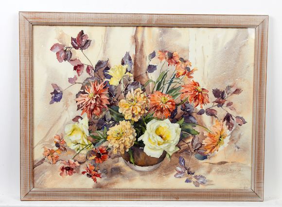 Bonhams : Phyllis I. Hibbert (British, born 1903) 'Zinias and Yellow Roses'