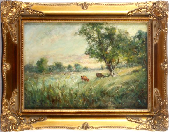 Bonhams : George Boyle (British, 1842-1930) Cattle in a meadow; figure ...