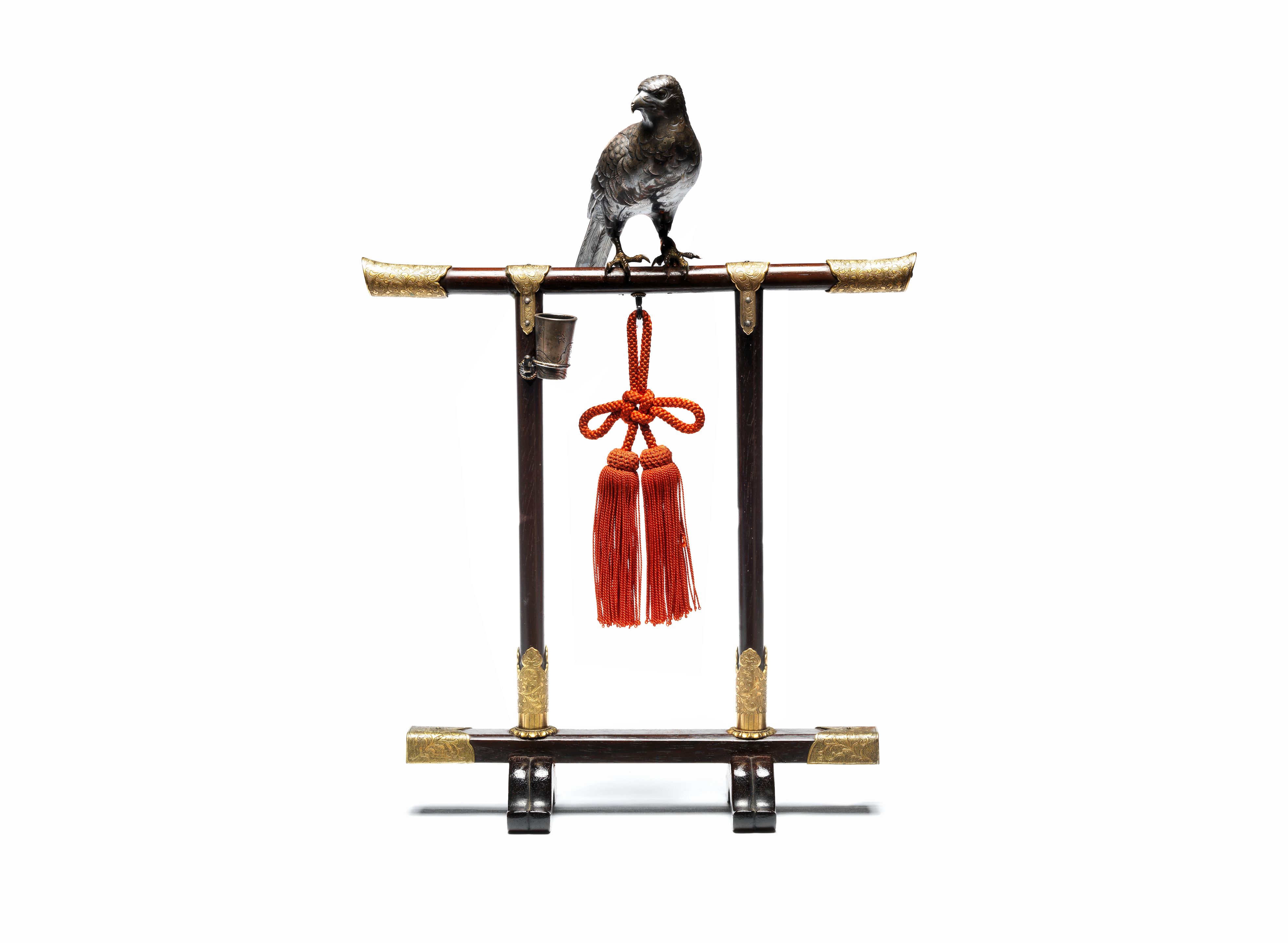 Bonhams : A silver miniature hawk on a wood daiboko (hawk stand) Meiji ...