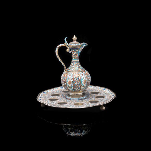 Bonhams : A Russian silver-gilt and champlevé ewer and standmaker's ...