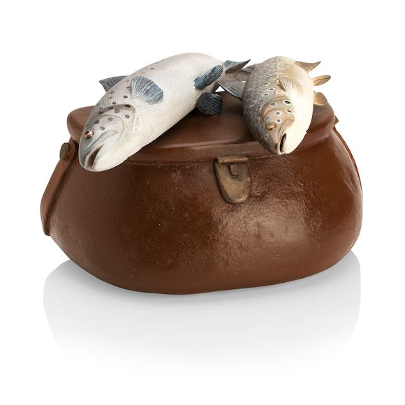 Bonhams : Catch of a sea trout and a brown trout over a leather bellied ...