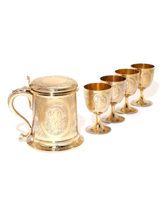 Bonhams : An unusual Victorian suite of four silver-gilt goblets and ...