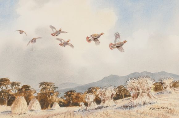 Bonhams : Robert W. Milliken (British, born 1920) Partridge over haystacks