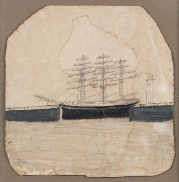 Bonhams : Alfred Wallis (British, 1855-1942) Rig sailing into a harbour ...