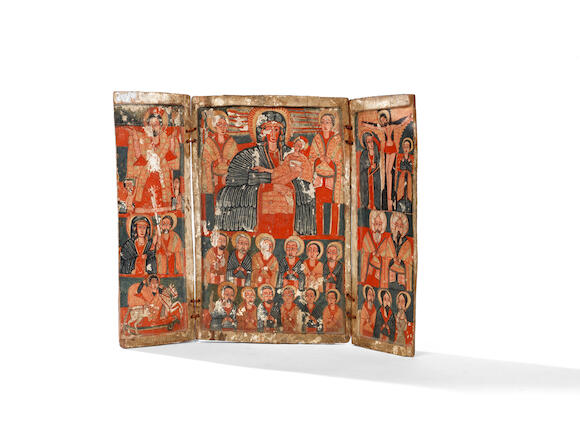 Bonhams : A Coptic painted wood triptych depicting The Life of Christpossibly 17th / 18th century
