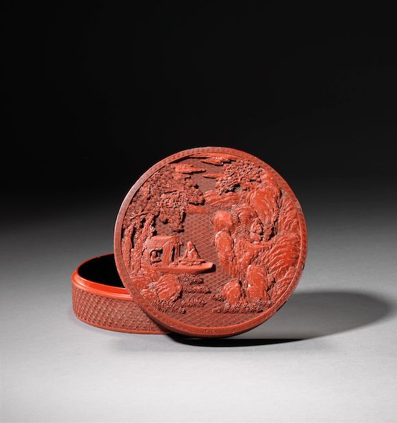 Bonhams : A fine and rare Imperial lacquer 'qin' circular box and cover ...