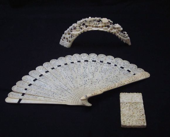 Bonhams : An export ivory fan, ivory card case and carved ivory tusk ...