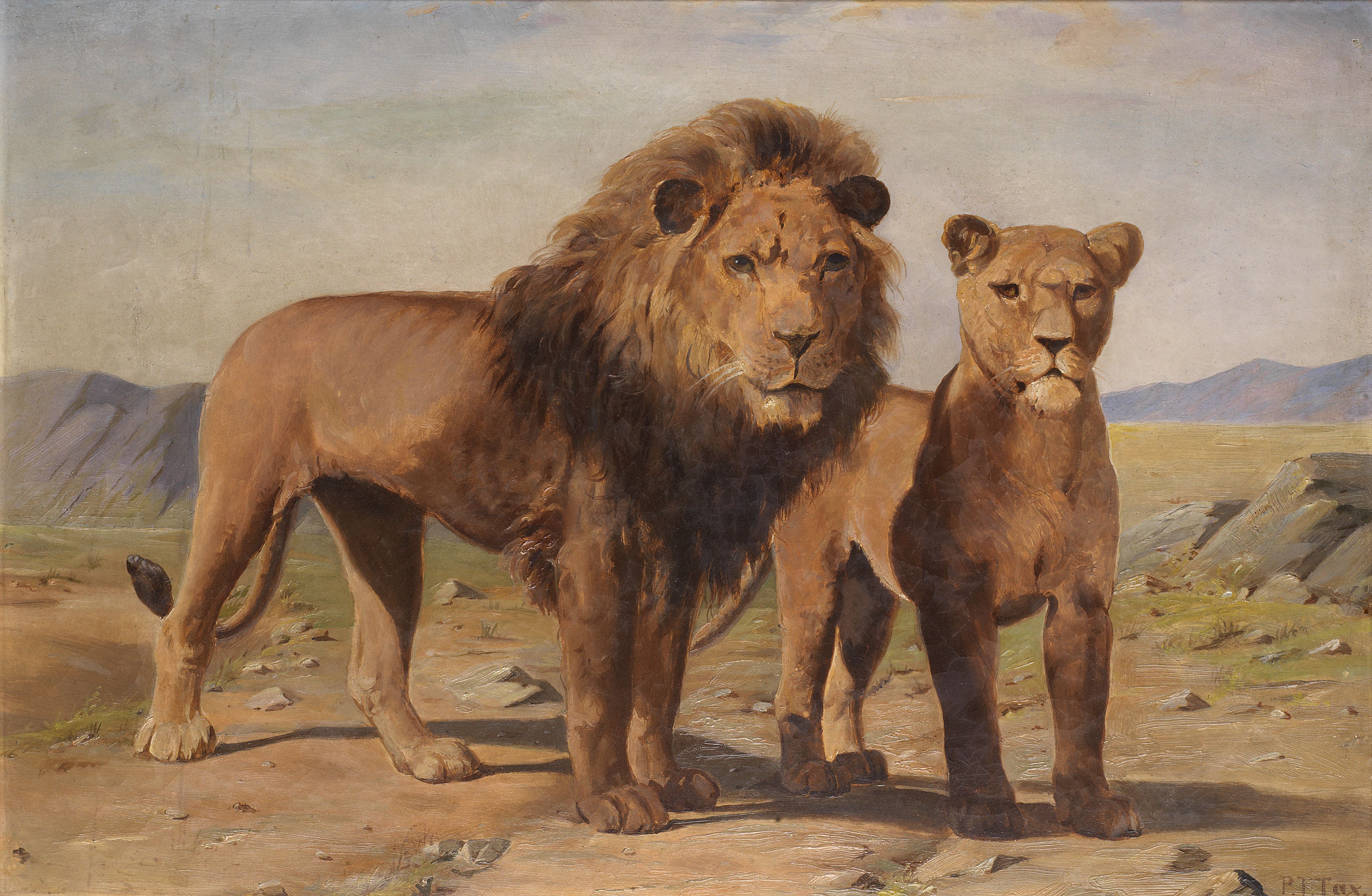 Bonhams : P.T. Tax (Danish) Lion and lioness in a landscape