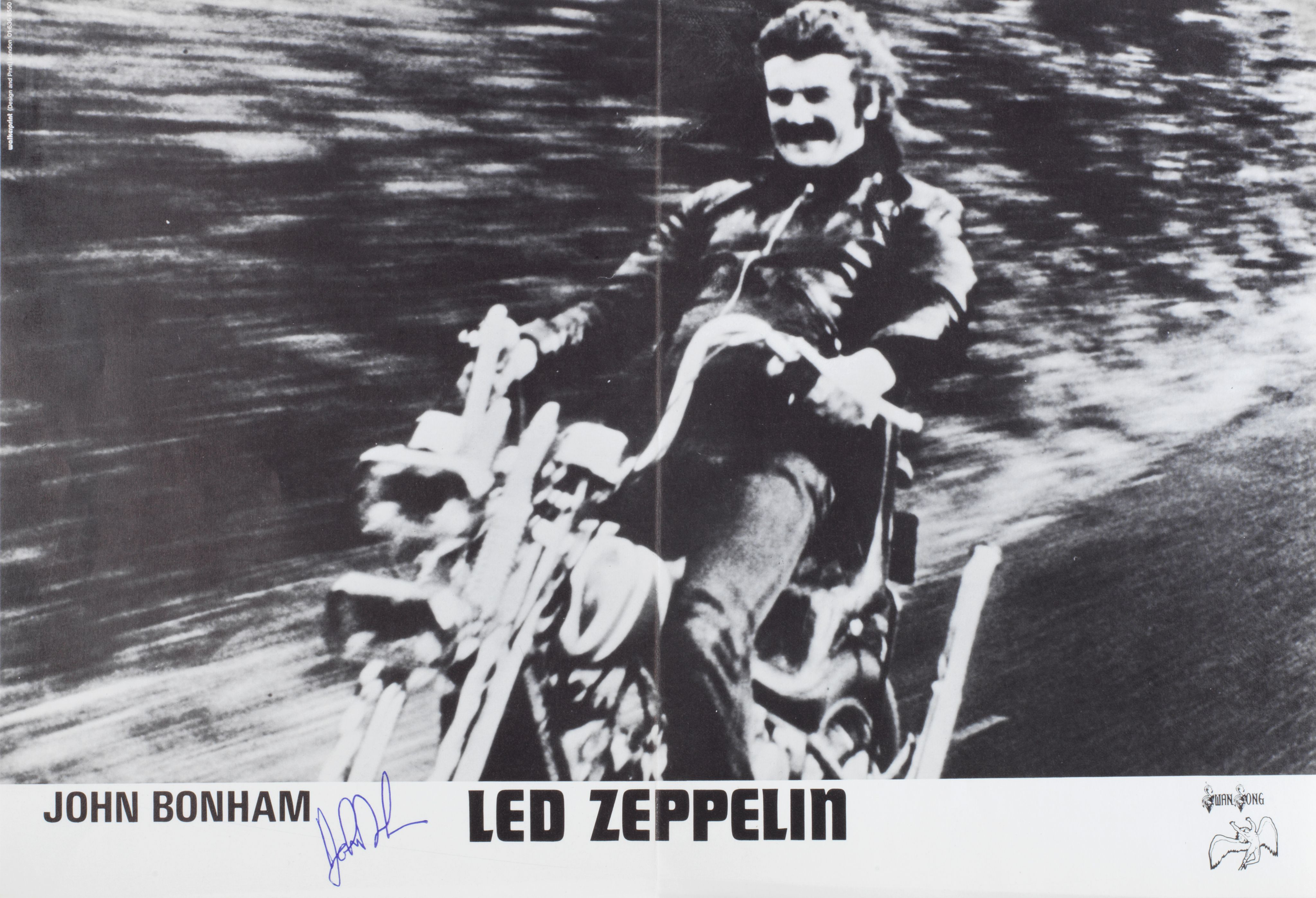 John Bonham / Led Zeppelin: A black and white promotional photograph of ...