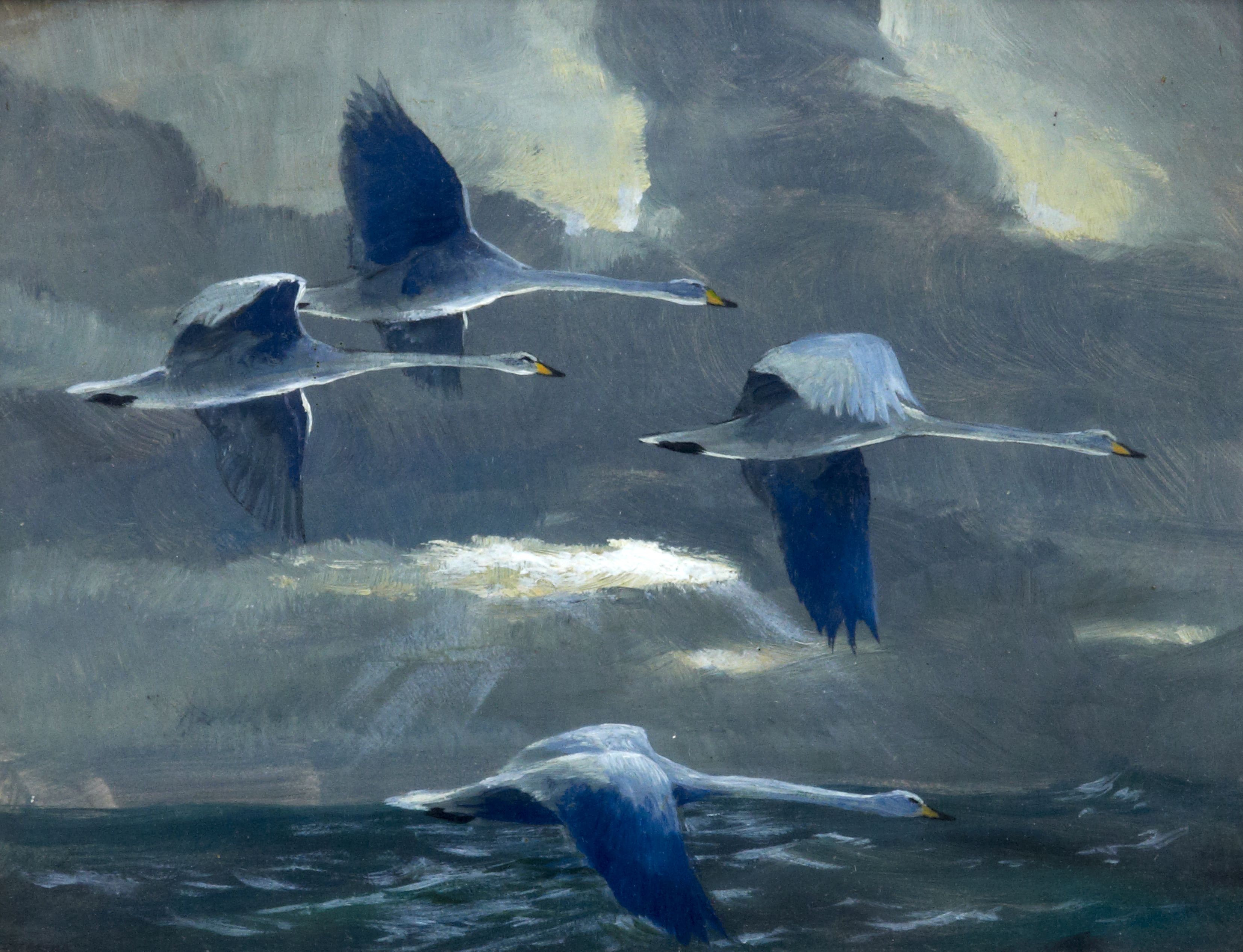 Bonhams : Sir Peter Scott (British, 1909-1989) Four swans flying in the ...