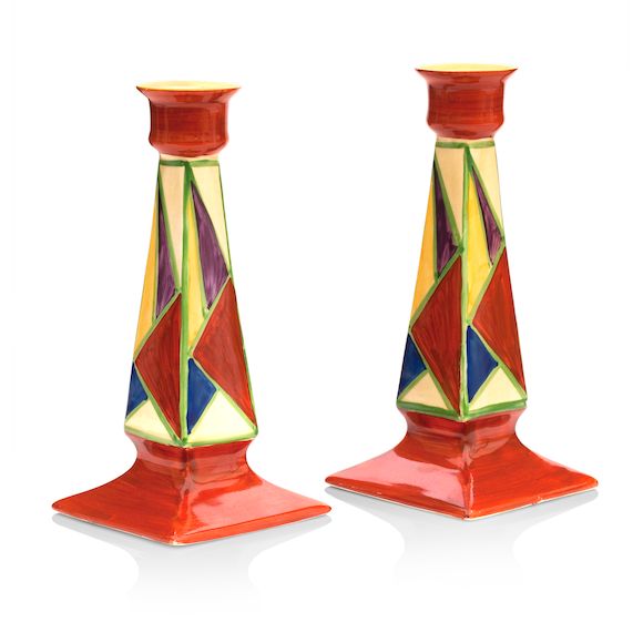 Bonhams : A pair of Clarice Cliff 'Original Bizarre' candlesticks