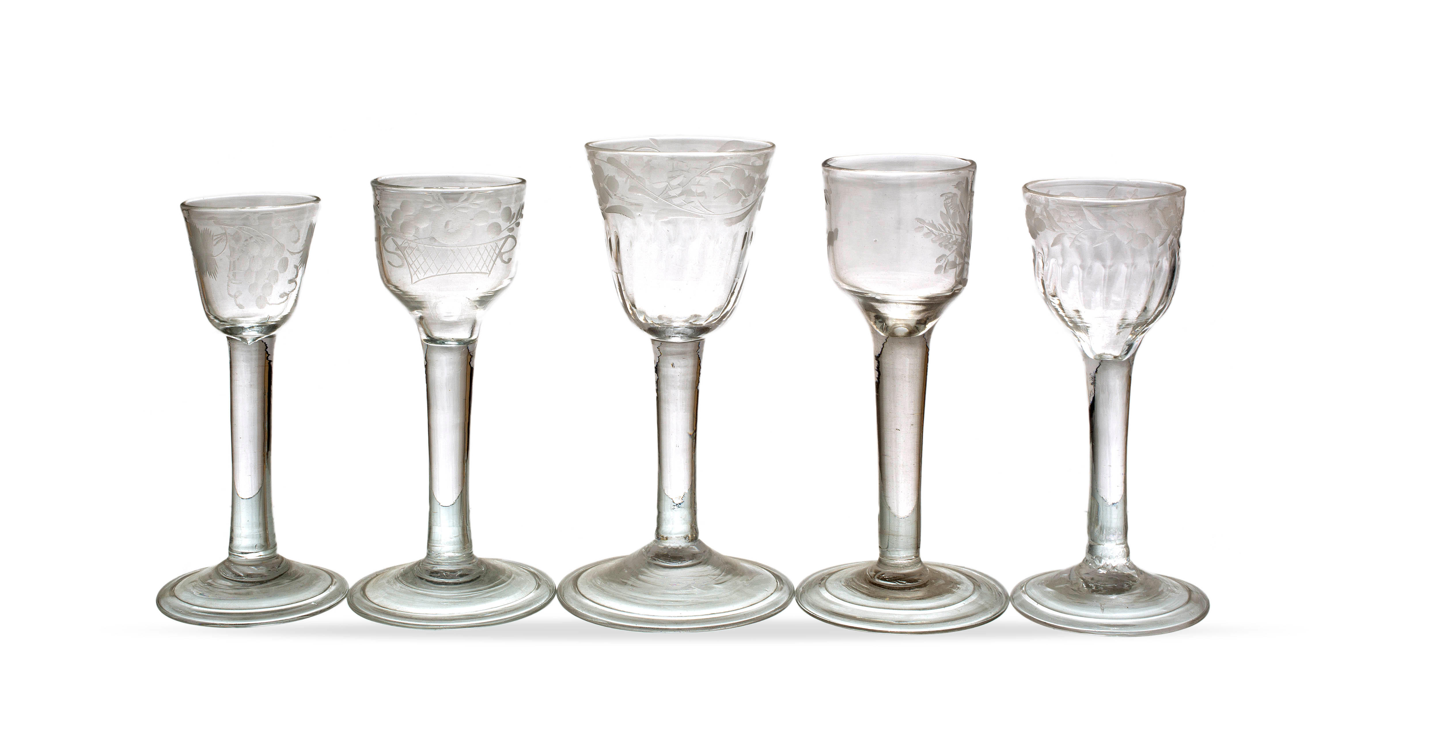 Bonhams Five Various Georgian Wine And Cordial Glasses
