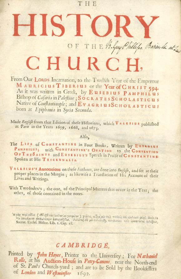 Bonhams : THEOLOGY - EUSEBIUS PAMPHILI The History of the Church, 1692 ...