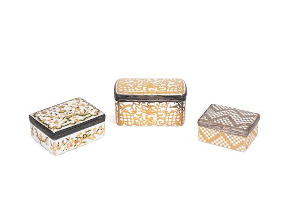 Bonhams : Three Fromery-type enamel snuff boxes, mid-18th century