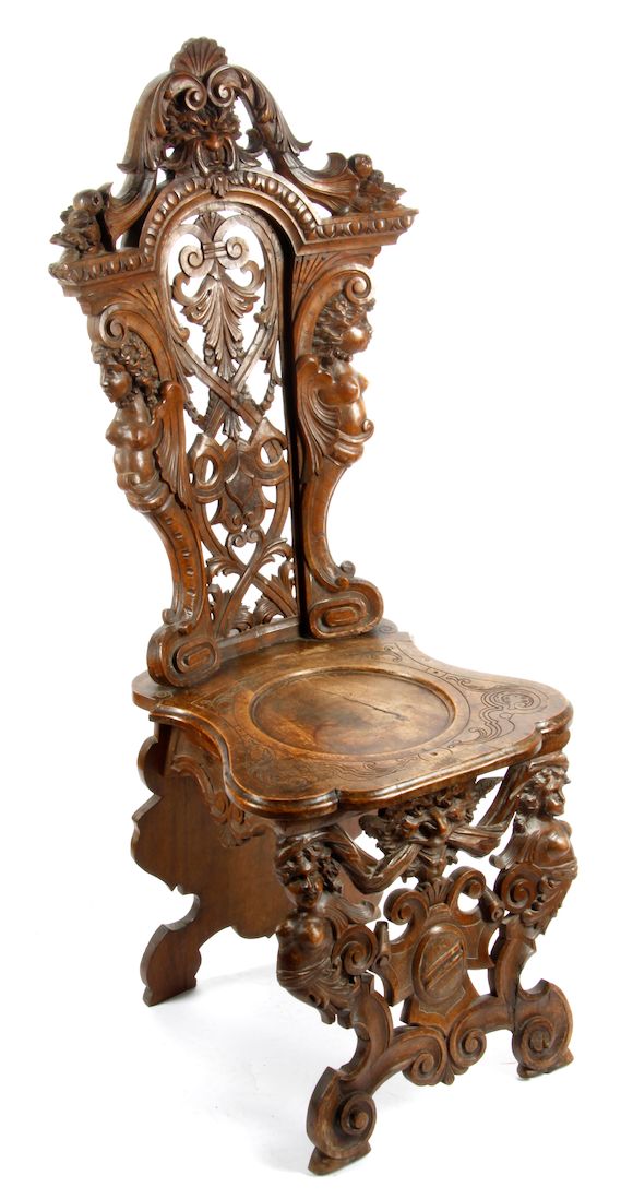 Bonhams : A late 19th Century Italian carved walnut hall chair,