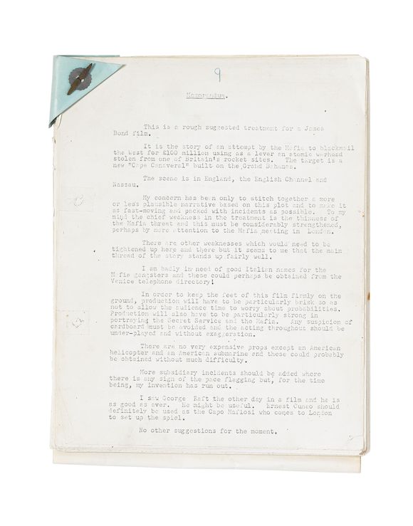 Bonhams : Ian Fleming / James Bond: A copy Memorandum to Jack ...