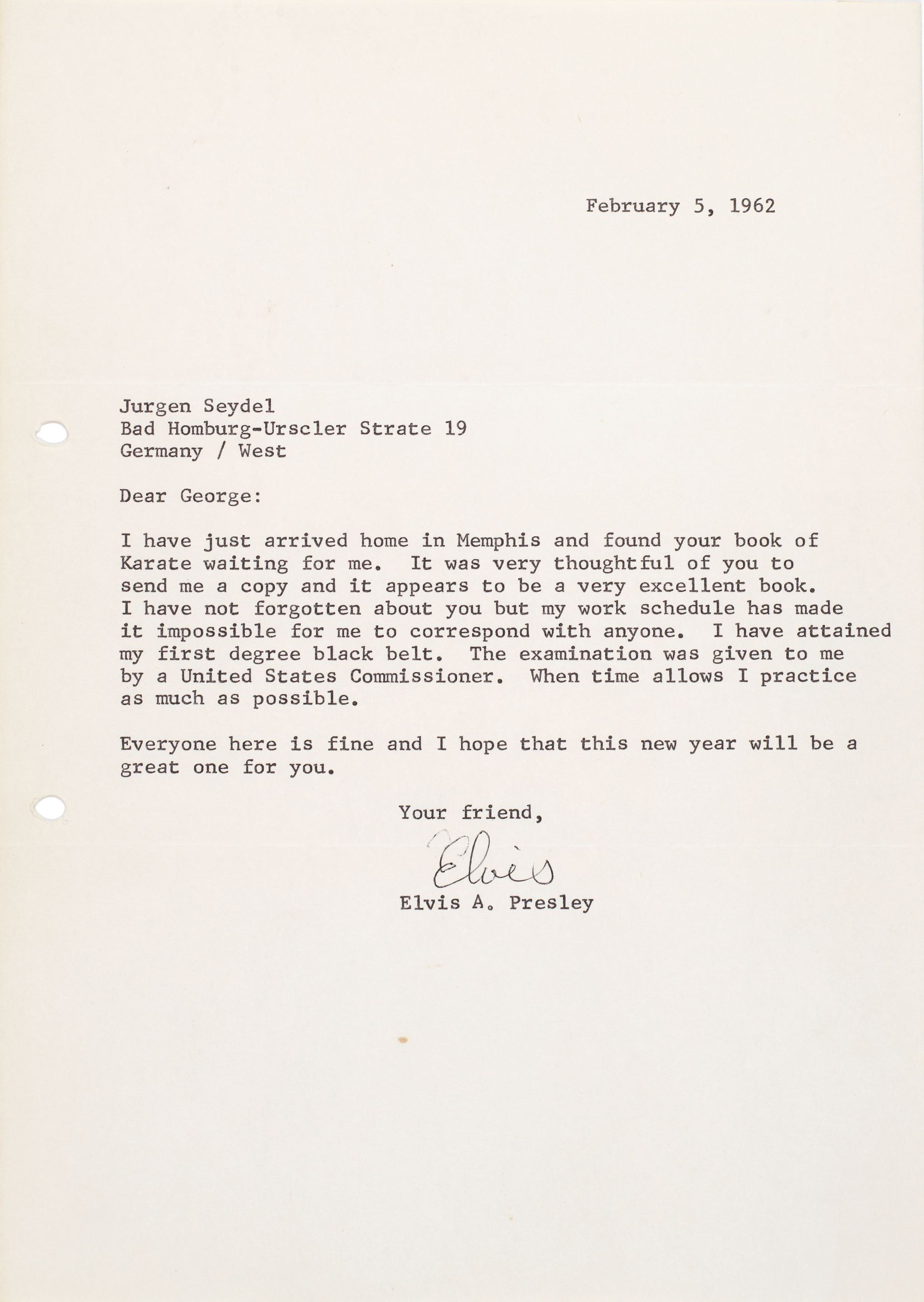 Elvis Presley: A typscript letter signed Elvis to his karate coach ...