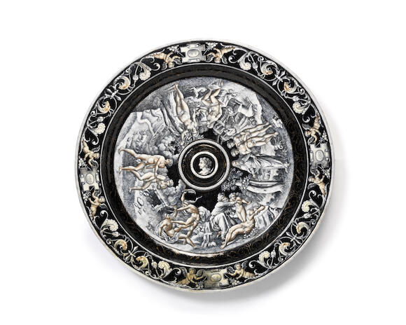 Bonhams : A 19th century Limoges parcel gilt and en-grisaille enamel charger in the manner of ...