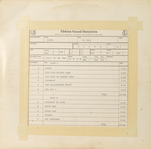 Bonhams : Queen: An acetate recording of the album 'A Day At The Races ...