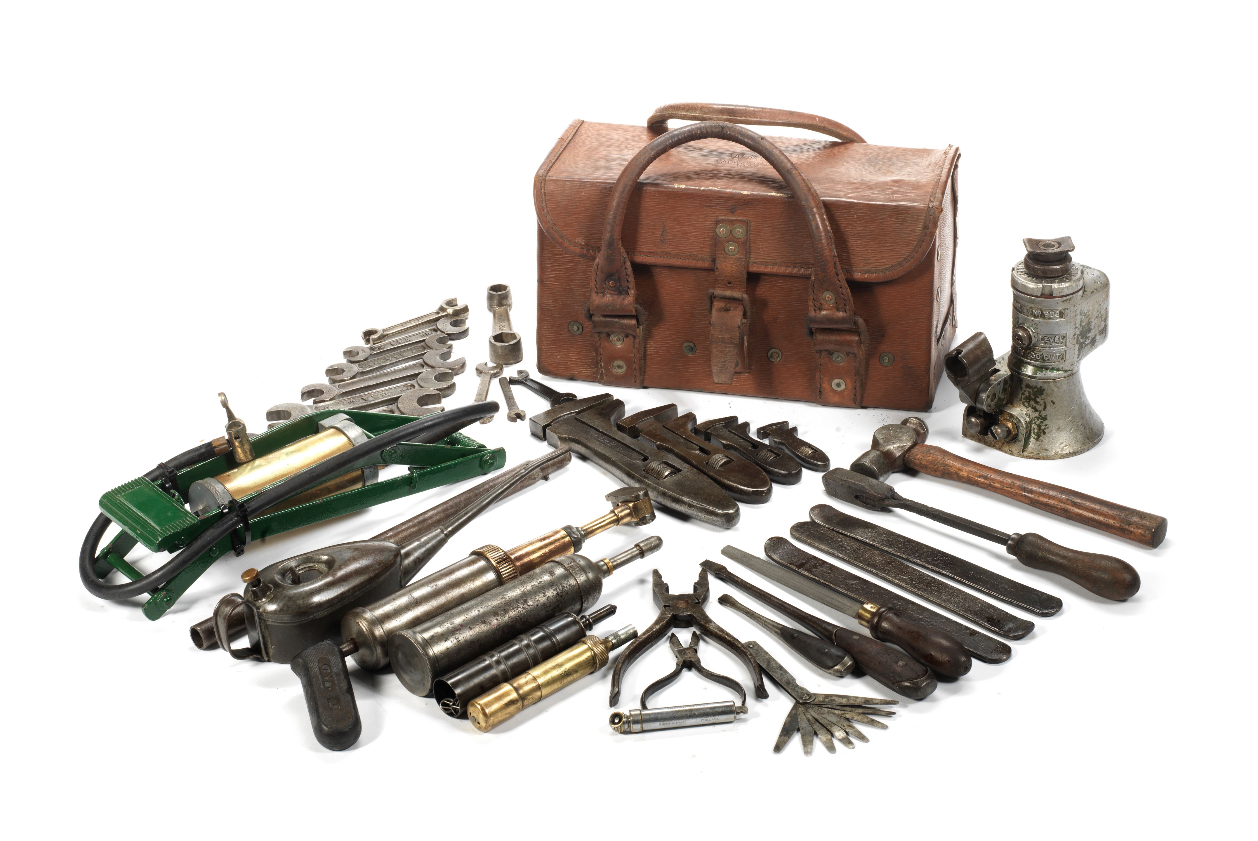 Bonhams Cars : A vintage Bentley owner drivers' toolkit in leather toolbag,