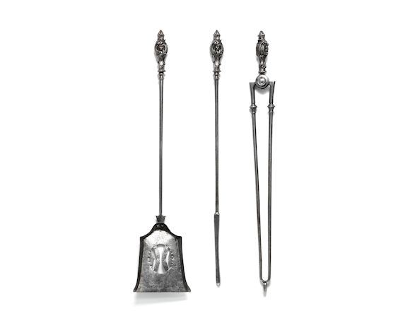 Bonhams : A set of three 19th century polished steel fire irons