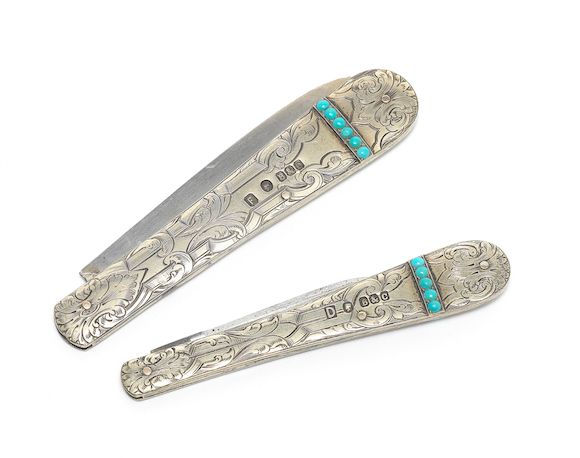 Bonhams : Two Victorian silver-gilt and turquoise pen knives by John ...