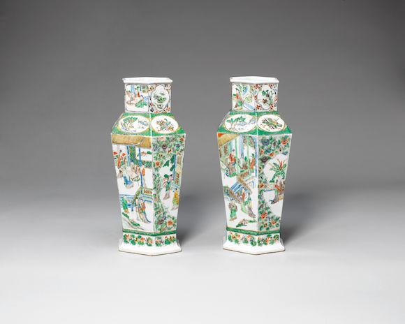 Bonhams : A pair of famille verte hexagonal baluster vases 19th century