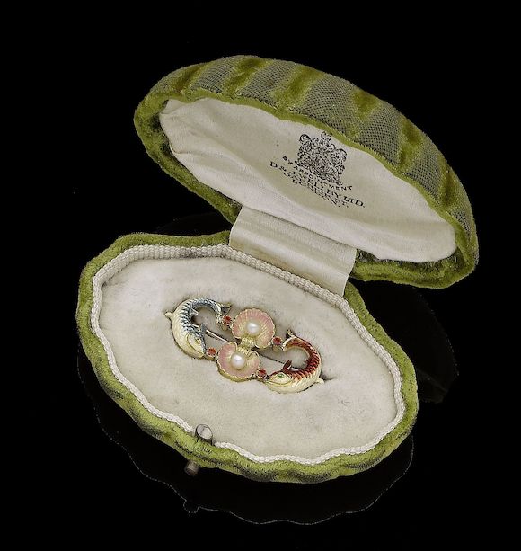 Bonhams : An art nouveau enamel and pearl brooch, by Alfred Phillips,