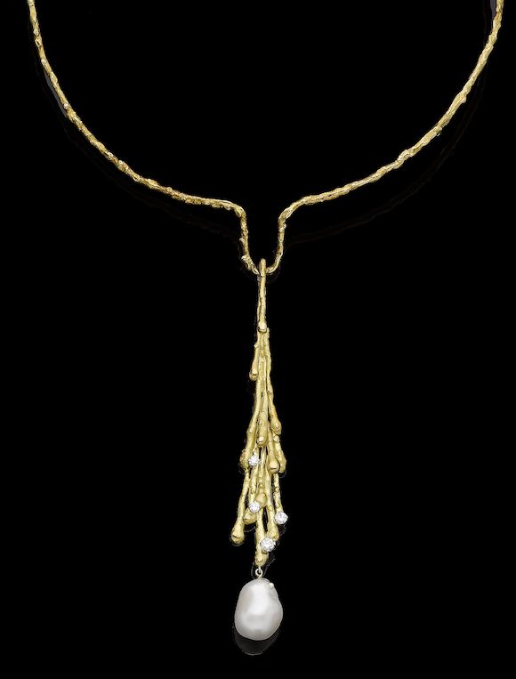 Bonhams : A gold, cultured pearl and diamond-set pendant torque collar ...
