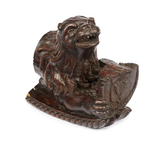 Bonhams : A 17th century carved oak heraldic mount or finial, probably ...