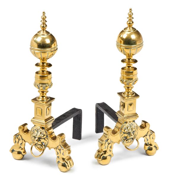 Bonhams : A pair of 18th century-style brass and cast iron andirons ...