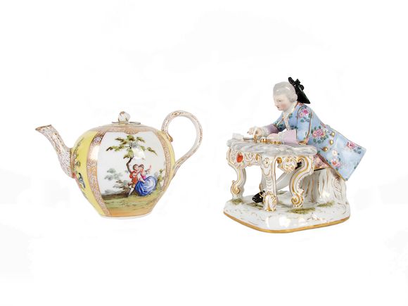 Bonhams : A Meissen figure and an outside-decorated teapot and cover ...