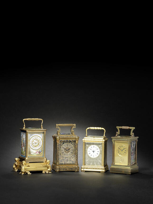 Bonhams : A late 19th century French engraved silvered and gilt brass carriage clock with ...